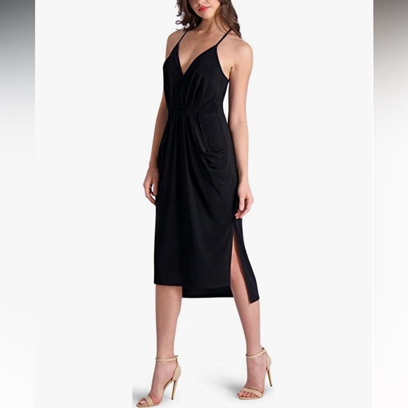 Lulus | Dresses | New Lulus Black Drape Front Midi Dress With Side Slit ...